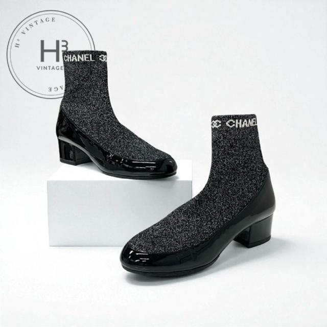 シャネル CHANEL ブーツ ショートブーツ 靴 シューズ パテント ファブリック ブラック シルバー ココマーク ラメ ソックスブーツ
