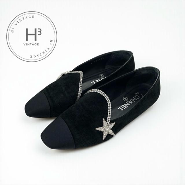 シャネル CHANEL フラットシューズ 靴 シューズ スエード ファブリック ブラック 黒 オペラシューズ スター ビジュー