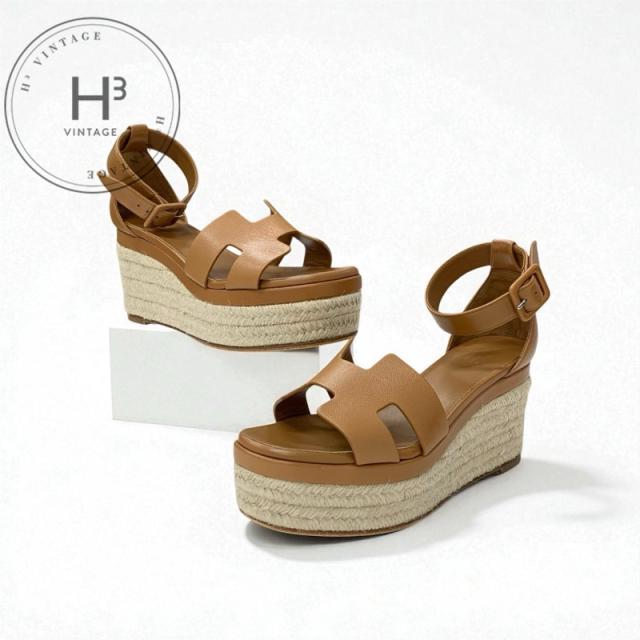 エルメス HERMES エルダ サンダル 靴 シューズ レザー ブラウン ウェッジソール エスパドリーユ ストラップ