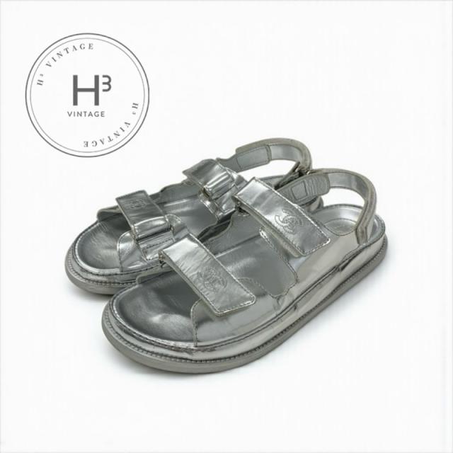 シャネル CHANEL サンダル 靴 シューズ レザー シルバー ココマーク ベルクロ