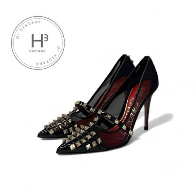 ヴァレンティノ VALENTINO パンプス 靴 シューズ メッシュ パテント ブラック 黒 ゴールド ロックスタッズ