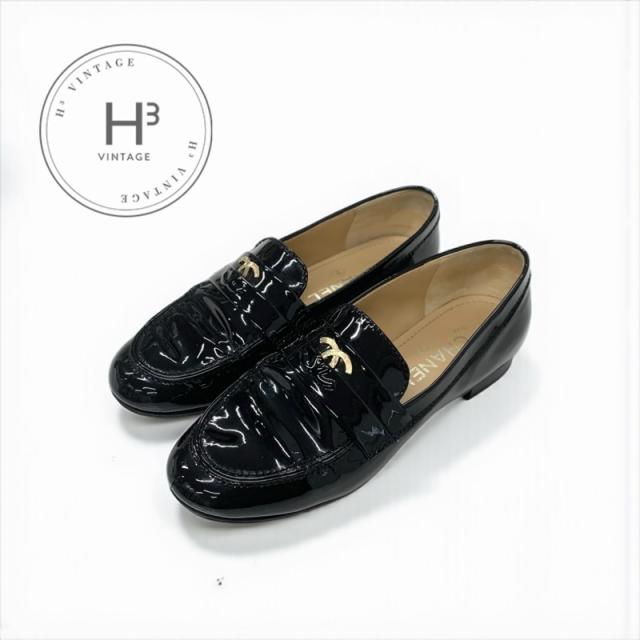 シャネル CHANEL ローファー 革靴 靴 シューズ エナメル ブラック 黒 ゴールド ココマーク