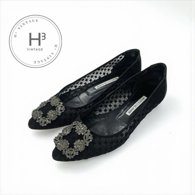 マノロブラニク MANOLO BLAHNIK ハンギシ フラットシューズ 靴 シューズ レース サテン ブラック 黒 ビジュー フラットパンプス
