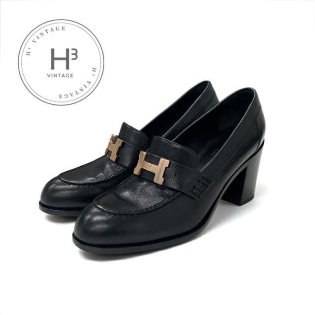 エルメス HERMES ドーフィン ローファー 革靴 靴 シューズ レザー ブラック 黒 ピンクゴールド H金具 ヒールローファー