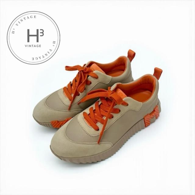 エルメス HERMES バウンシング スニーカー 靴 シューズ レザー スエード ベージュ オレンジ 未使用