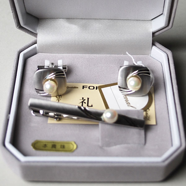 6mm珠の本真珠のネクタイピン＆カフリンクスのフォーマルカウスセット 3FO0733S【自分用・プレゼント用に】