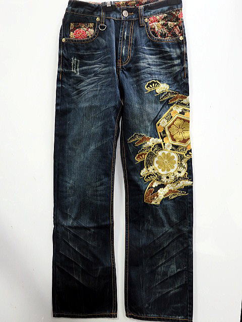 錦　和柄　亀甲家紋刺繍　ヴィンテージ加工デニム　NISHIKI