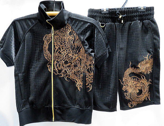 錦　和柄　半袖パイソンラメジャガード ジャージ上下セット　筋彫り龍刺繍　NISHIKI