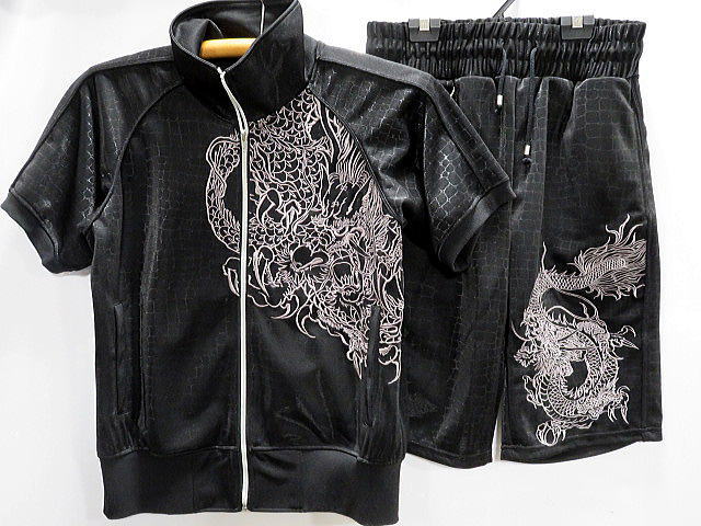 錦　和柄　半袖パイソンラメジャガード ジャージ上下セット　筋彫り龍刺繍　NISHIKI