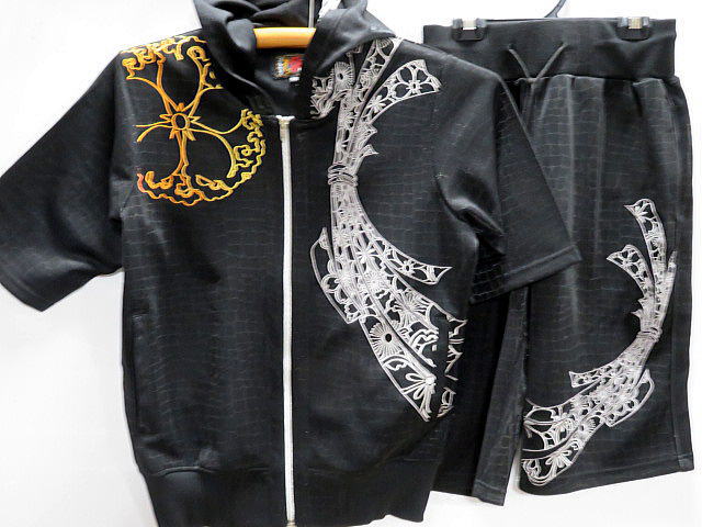 錦　桜帯柄総刺繍 半袖パーカーハーフパンツ パイソンラメジャージ上下セット