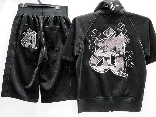 錦　梵字龍柄総刺繍 半袖ハーフパンツ パイソンラメジャージ上下セット