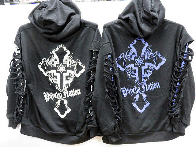 PSYCHO NATION　袖ダメージ　クロス　パーカー　サイコネーション