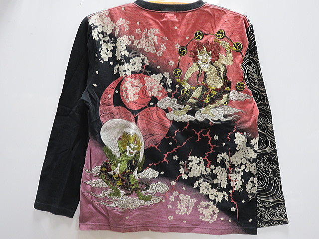 華鳥風月　和柄Tシャツ長袖 風神雷神刺繍