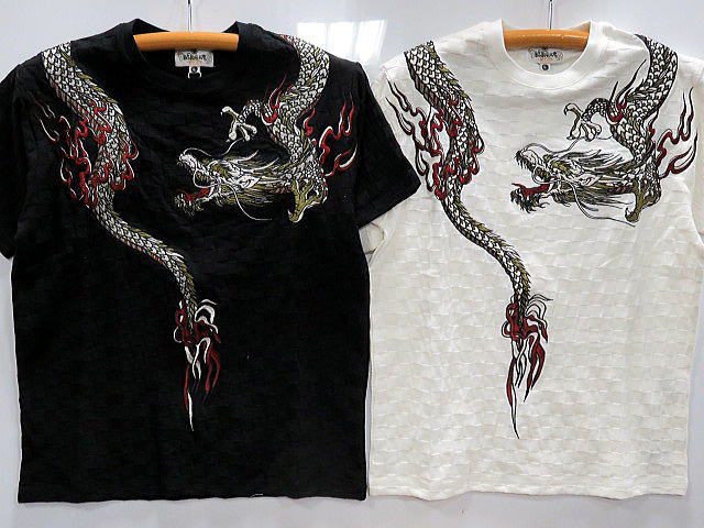 絡繰魂　巻き龍刺繍 　ブロックジャガード半袖Tシャツ　カラクリ魂