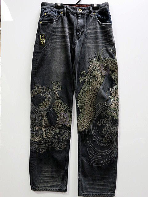 絡繰魂 粋　デニムパンツ　水神暴走刺繍　カラクリ魂
