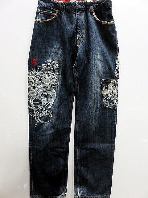 カラクリ魂 和柄デニムパンツ KARAKURI　龍３連刺繍