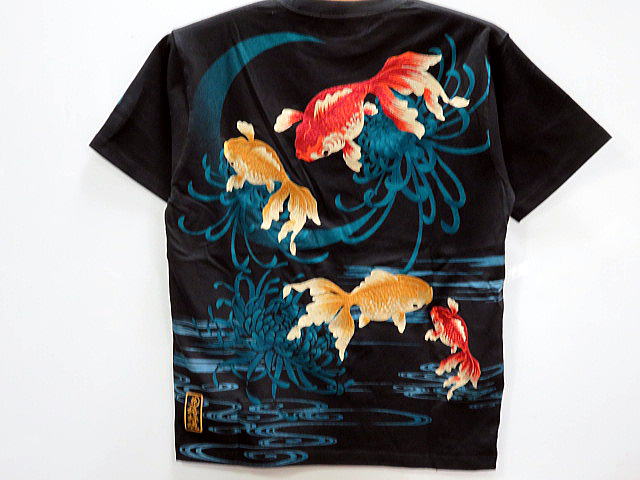絡繰魂・粋　菊流水に金魚刺繍　総刺繍 　半袖Tシャツ　　カラクリ魂