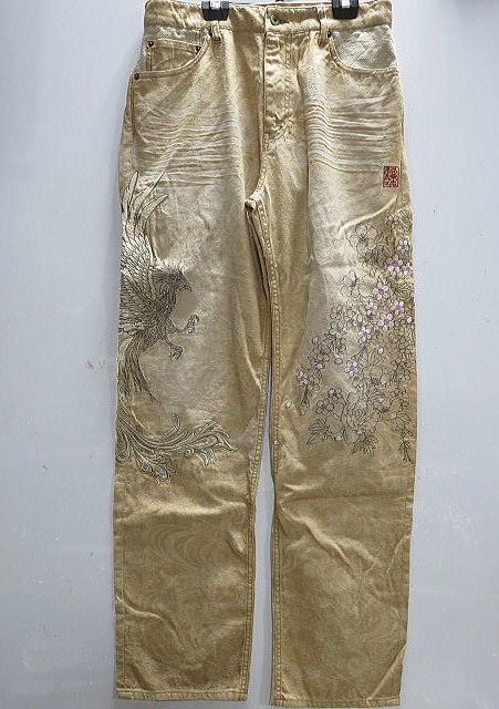 カラクリ魂 和柄　鳳凰桜刺繍　ジャガードデニムパンツ KARAKURI