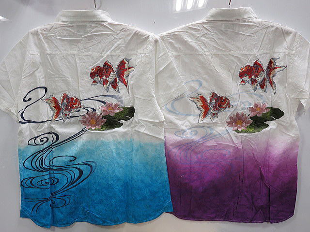 カラクリ魂　和柄　半袖シャツ　桜ジャガードに金魚刺繍　KARAKURI