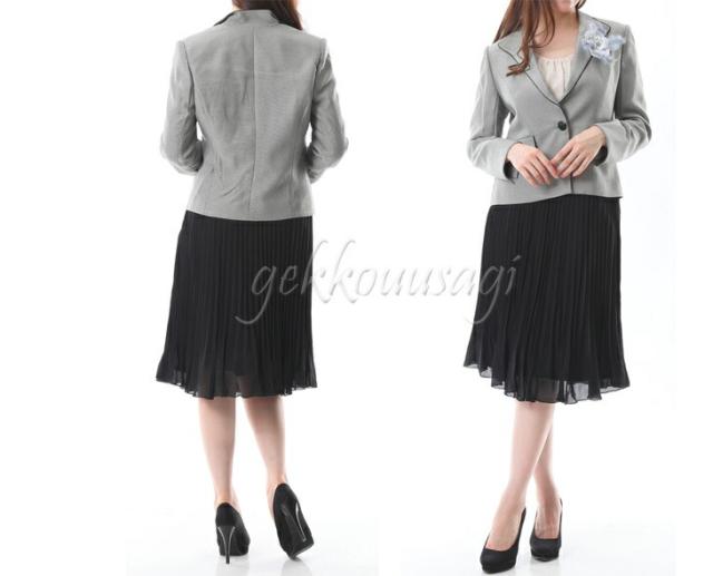 ミセス スーツ 白黒バーズアイ2スカート 3点セット グレー ウエスト