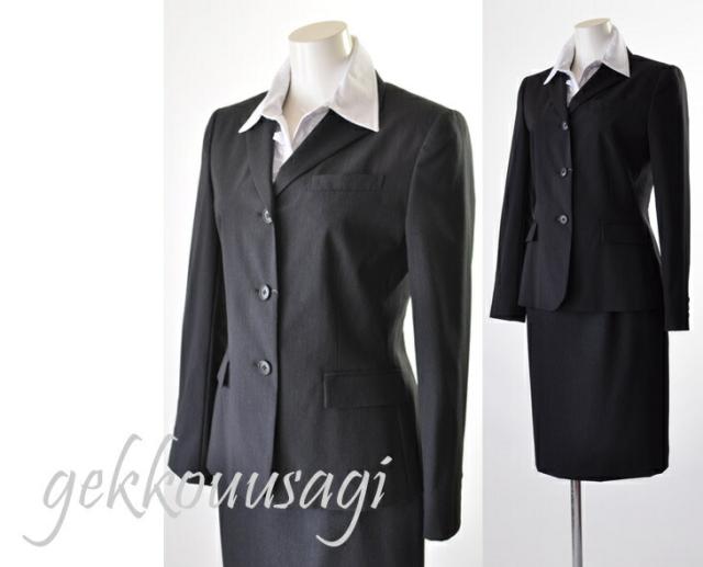 レディーススーツ サマーウール 7号/9号 日本製生地 スカートスーツ チャコールグレー ストレッチ ブラウスずれ防止 タイトスカート 面接 リクルートスーツ ビジネス 入社式 (nk14KB/b2f)1819&sk1811/703-4