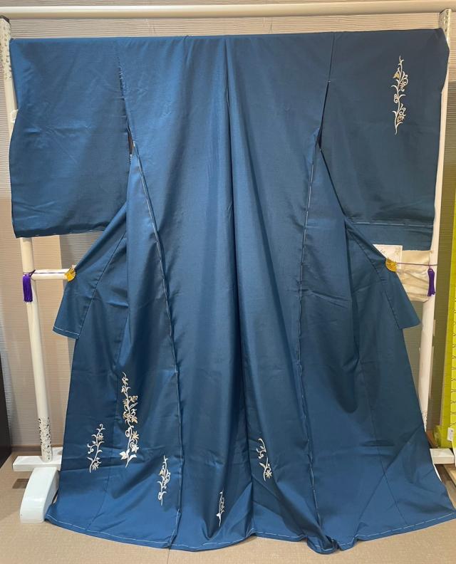 【紬】附下風　クリキュラ刺繍　深緑青