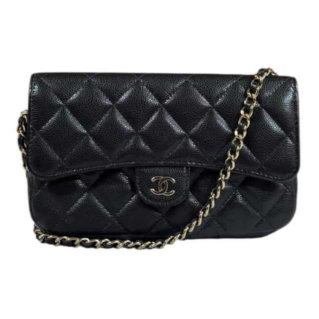 シャネル フォンケース マトラッセ ショルダーバッグ キャビアスキン ブラック レディース CHANEL  中古 R&Kリサイクルキング
