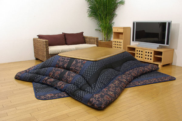 こたつ厚掛敷布団セット 国内プリント 『万葉』 ブルー 205×205cm【送料無料】【代引き不可】