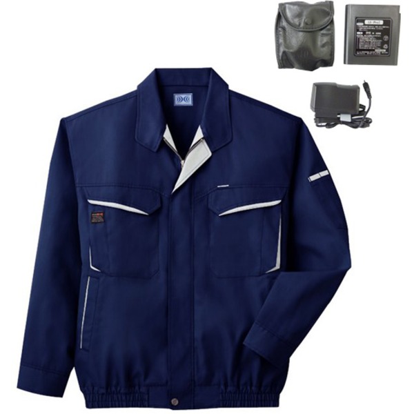空調服 綿・ポリ混紡長袖作業着 BK-500N 【カラー：ネイビー サイズ：L】 リチウムバッテリーセット（代引不可）