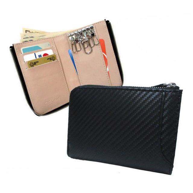 Maturi マトゥーリ カーボンレザー 牛革 多機能 キーケース 財布 小銭 MR-505 BK/BE ブラックベージュ【送料無料】