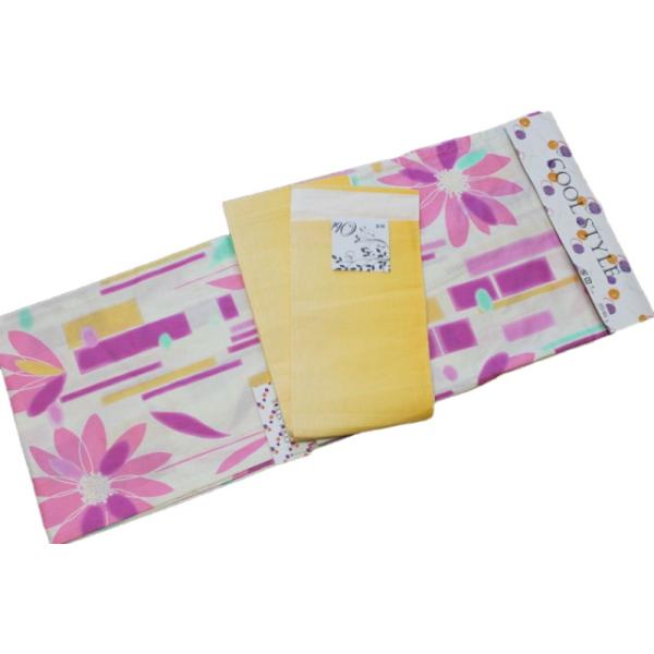 変わり織り個性派浴衣＆麻半幅帯セット-No.011【浴衣の色：薄クリーム色　麻半幅帯の色：黄色暈かし/送料無料/COOL STYLE】