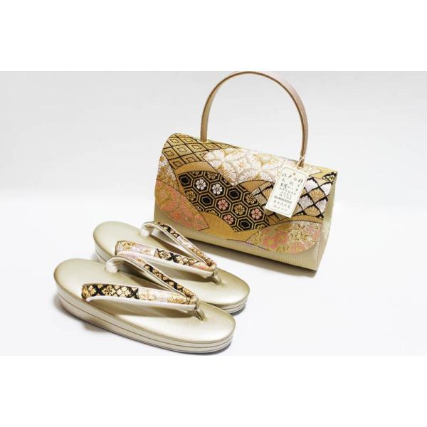 帯地・草履バックセット-No.523【正絹帯地/ゴールド台/Ｌサイズ/合皮製品/正装向き/お茶席/結婚式/送料無料/日本製品】