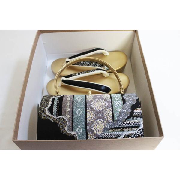 帯地・草履バックセット-No.121【正絹帯地・ゴールド台/フリーサイズ