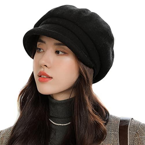 ブラック FANGXI キャスケット レディース 秋冬 帽子 可愛い 小顔効果 サイズ調節 UV 対策 暖かい 防風 防寒 無地 自転車 旅行 ...