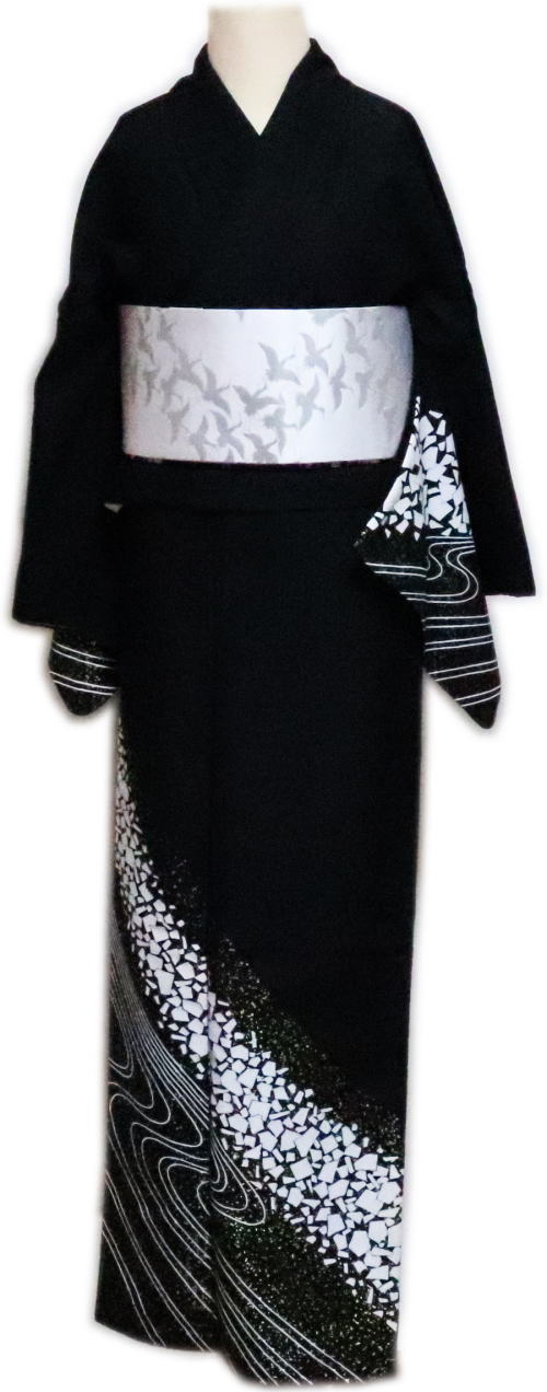 仕立上　絵羽“胴抜仕立164　黒地　金箔　流水　吹雪「舞台衣装・ステージ衣装」日本舞踊・演劇・着物　踊り着物 踊り用　八掛仕立て