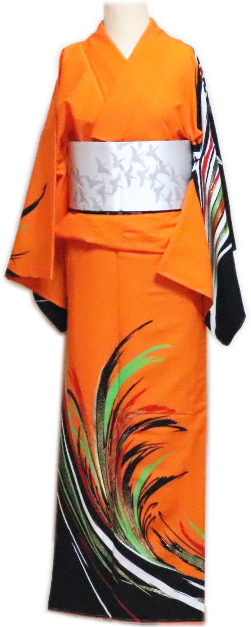 仕立上　絵羽“胴抜仕立　オレンジ地　金箔　スズキ「舞台衣装・ステージ衣装」日本舞踊・演劇・着物　踊り着物 踊り用　八掛仕立て