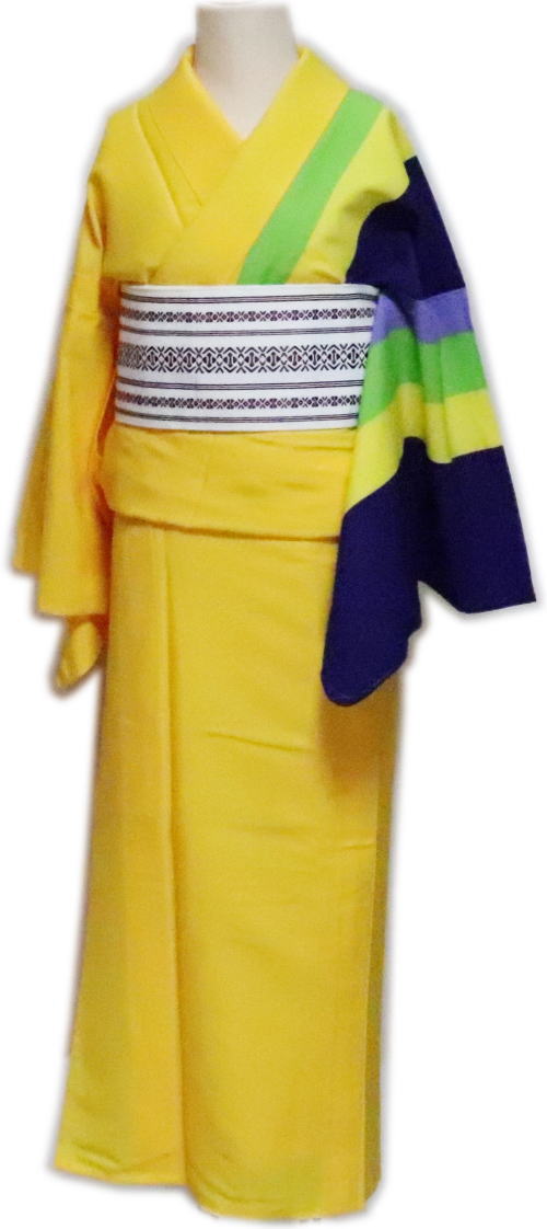 仕立上　絵羽“単衣仕立　黄地　左肩袖柄「舞台衣装・ステージ衣装」日本舞踊・演劇・着物　踊り着物 踊り用