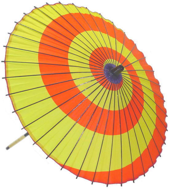紙傘　赤黄渦（２本通）藤巻　持ち運びに便利な継ぎ柄！お稽古はもちろん本番にも舞台・ステージ　舞傘・撮影・小道具　舞踊傘・舞踊小道具　２本柄　渦巻　和傘