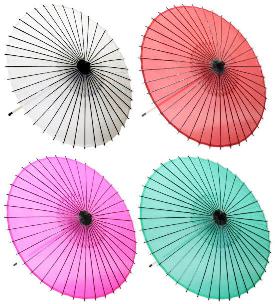 絹傘Ｋ（2本柄）グリーン・ピンク・赤・白　飾り糸：黄・水・紫・赤　持ち運びに便利な継ぎ柄！文化祭・大道芸・コスプレ　２本継　和傘