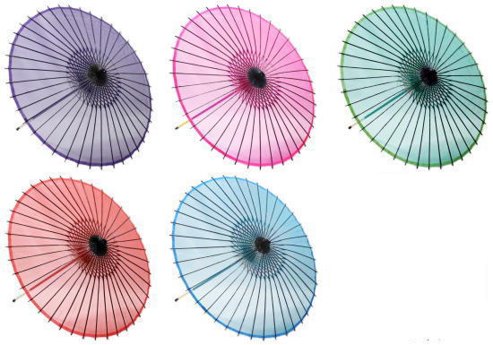 絹傘Ｐ（2本柄）紫・赤・ブルー・ピンク・グリーン　飾り糸：ピンク・緑・黄・赤　持ち運びに便利な継ぎ柄！文化祭・大道芸・コスプレ　２本継　和傘