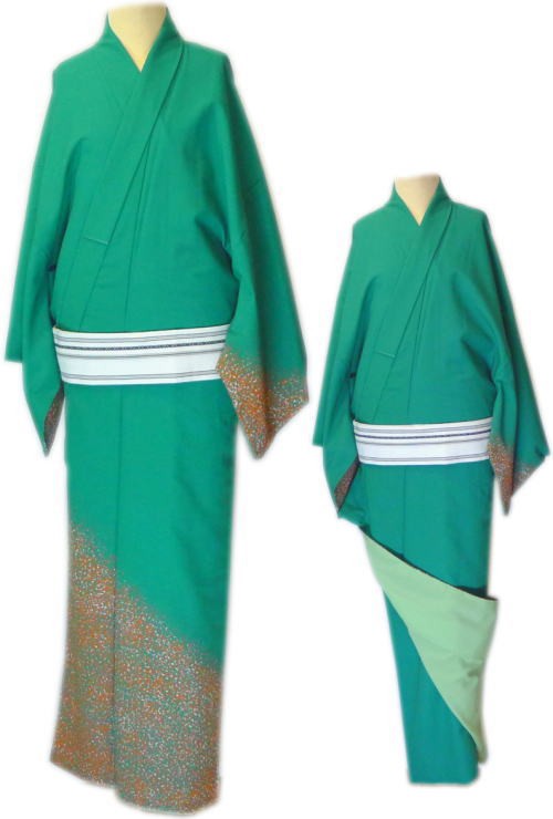 仕立上　男物 絵羽　附下“胴抜仕立”≪緑地　吹雪柄≫八掛仕立 八掛若草色「舞台衣装・ステージ衣装」着物　踊り着物 踊り用