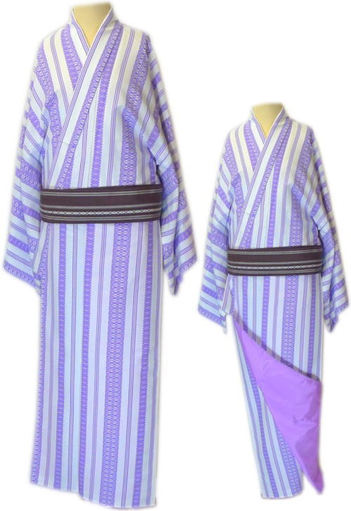 仕立上　男物小紋 “胴抜仕立　肩ハギ付”≪白地　藤色献上柄≫八掛仕立　八掛藤色　大きいサイズ「舞台衣装・ステージ衣装」【送料無料】着物　踊り着物 踊り用