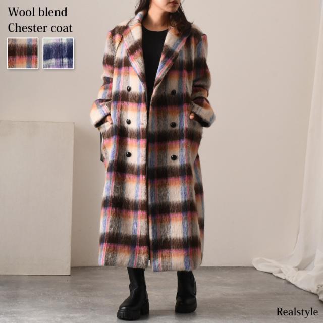 新作 チェスターコート ロング チェック柄 レディース アウター 上着 ジャケット ウールブレンド おしゃれ かわいい 暖かい ジャケット