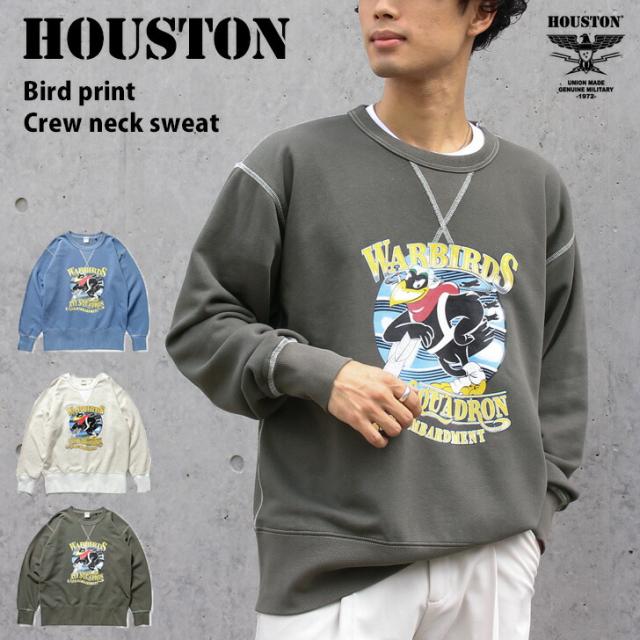 新作 HOUSTON ヒューストン クルーネック バード プリント スウェット メンズ レディース トップス 長袖 トレーナー ブランド おしゃれ 大きいサイズ ミリタリー カジュアル 古着風 綿100％
