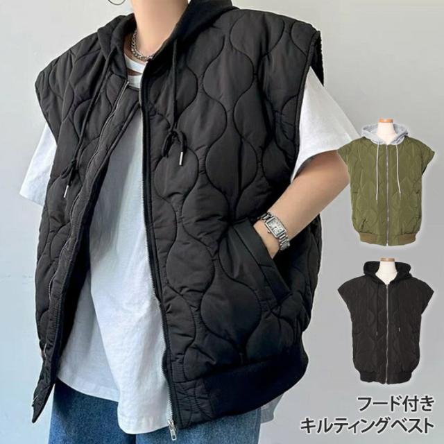 新作 フード付きフレンチスリーブワイドキルティングベスト レディース 秋冬 アウター ジャケット パーカー 中綿 あったか 防寒 暖かい ゆったり カジュアル アウトドア 上着 羽織り 重ね着 レイヤード デイリー