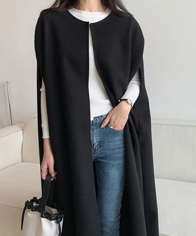 新作 ノーカラースリーブレスメルトンタッチロングケープコート