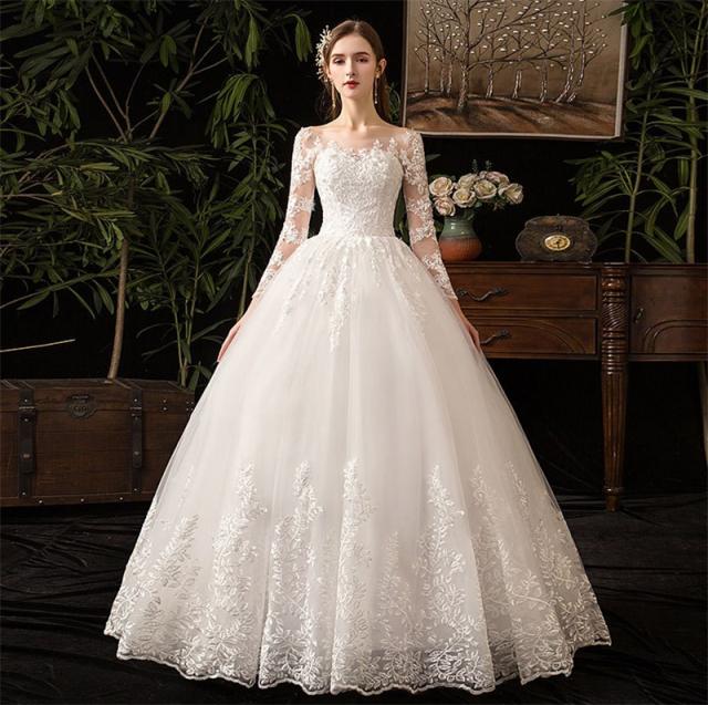 ウエディングドレス 結婚式 花嫁ドレス 披露宴 ロングドレス シンプル 長袖 おしゃれ レースドレス 二次会ドレス ロングワンピース 演奏会 イブニングドレス 編み上げ レース 刺繍 drs7611