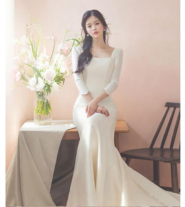 ウェディングドレス シンプル 結婚式 セルフ前撮りドレス フォーマル ホワイト ワンピース ドレス ロング 七分袖 花嫁ドレス 二次会ドレス お洒落 ビーチフォト 海外挙式 発表会 ピアノ 旅行撮影ドレス drs7627