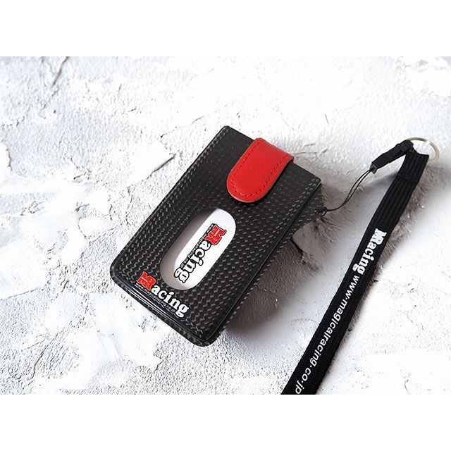 マジカルレーシング カーボン製オリジナル名刺入れ 平織カーボン製 オリジナルネックストラップ付き（フラップ/赤） Magical Racing