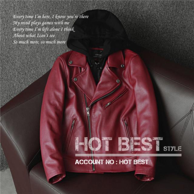 上質　メンズ　レザー　ジャケット カウハイド　牛革 レア色 フーデッドパーカー 取り外し可能  スタンダードスタイル ダブルライダース